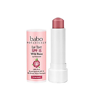 Babo Botanicals 70+% Organic Tinted Mineral Lip Conditioner SPF 15, Water-Resistant Lip Balm, Wild Rose - 0.15 oz.