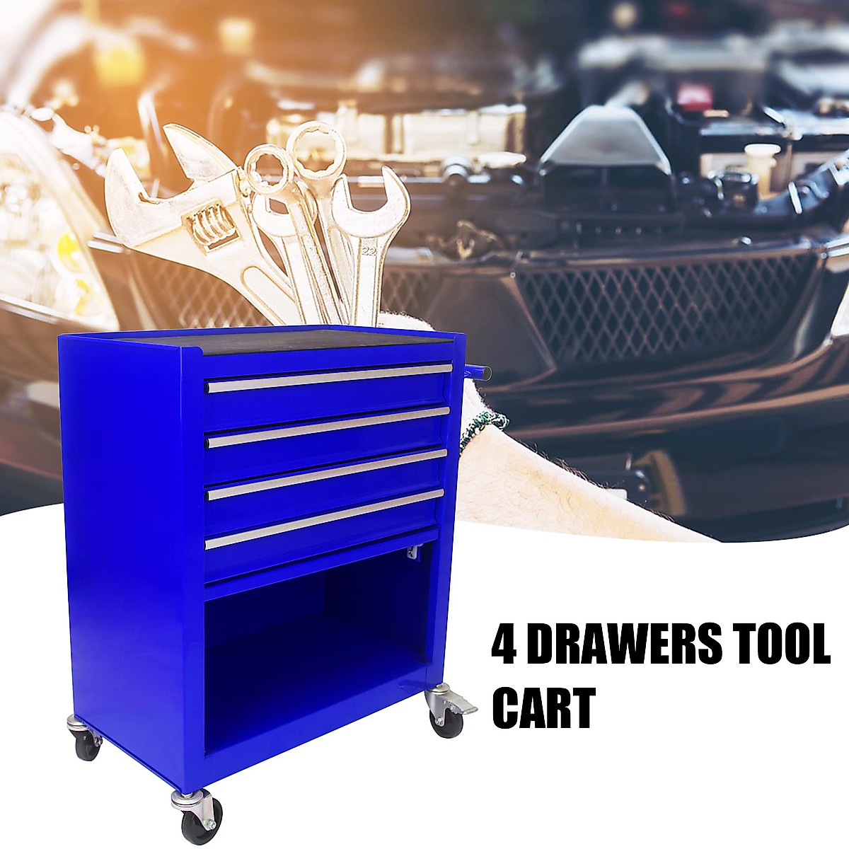 Tool Cart on Wheels 24.4in，4 Drawers Rolling Tool Box，Locked Drawers Storage Organizer Cabinet for Garage, Warehouse, Repair Shop, Workshop