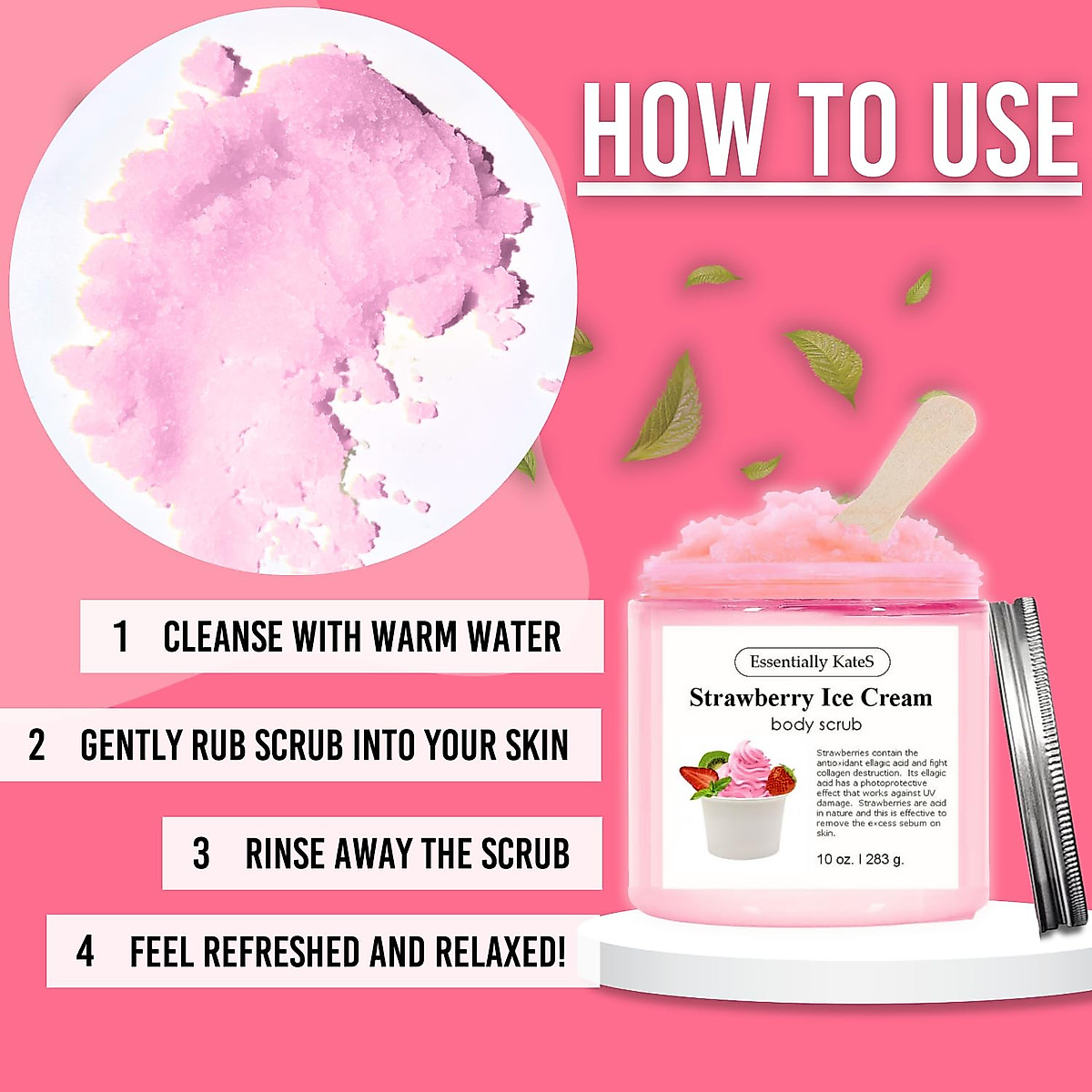 Essentially KateS Strawberry Ice Cream Body Scrub 10 oz - Pack of 1, Natural Strawberry Formula - Deliciously Fragrant, Refreshing, and Skin-Polishing Care - The Best Mother's Day Gift