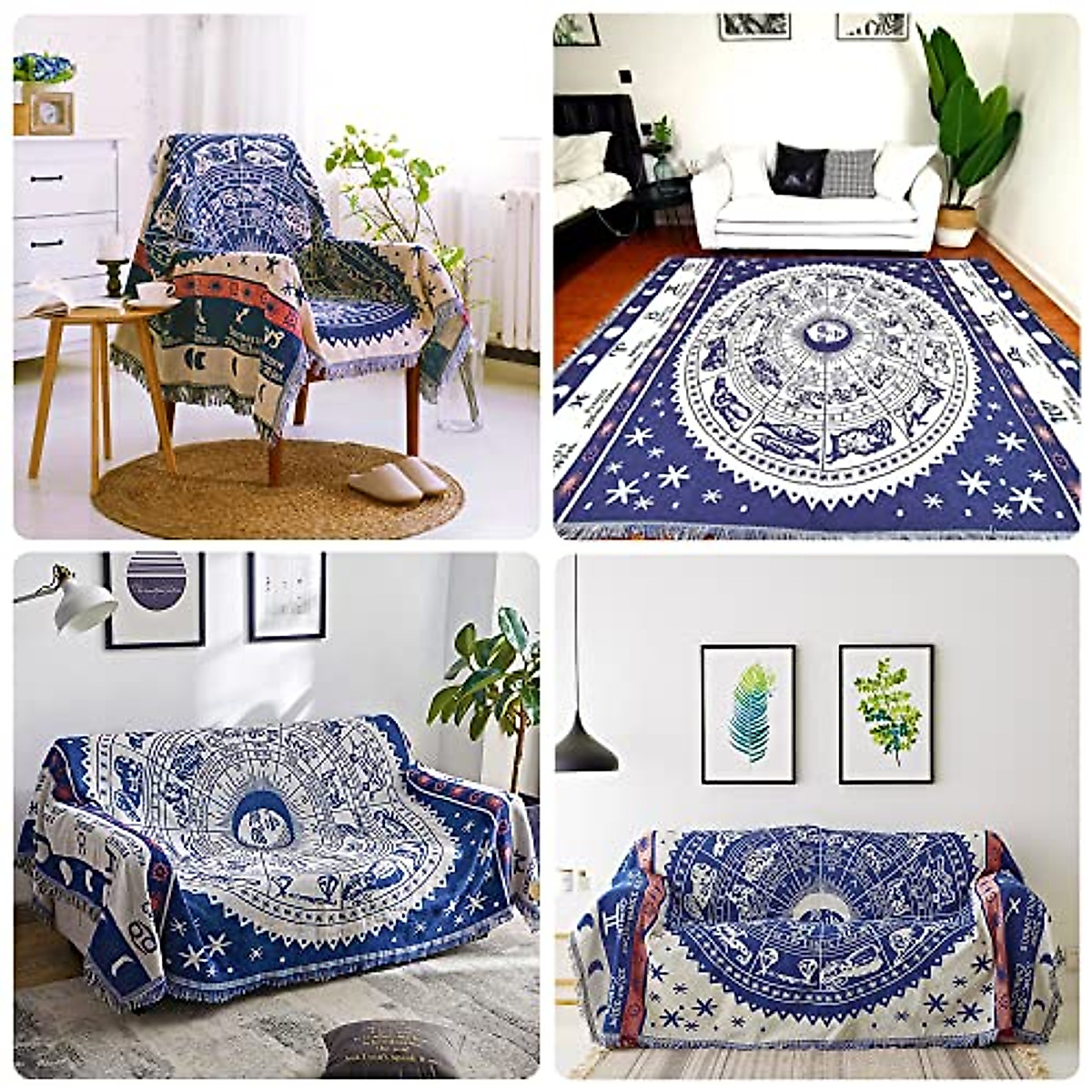 Edcooy Astrology Throw Blanket，Bohemian Hippie Woven Witchy Zodiac Celestial Constellation Balnket for Home Decor, Double Side CoverChair Sofa Couch(Blue, 50" x 70") (71''x91'')