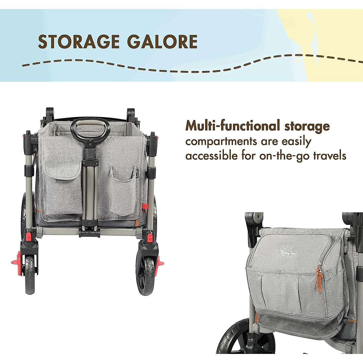 Busy Bee Foldable Wagon Stroller for 2 Kids, Push Pull Collapsible Kids Wagon with Adjustable Handle Bar, Removable Canopy, 5-Point Harness, Shock-Absorbing Wheels, Grey