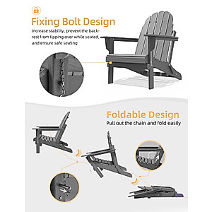 Folding Adirondack Chair - Durable HDPE Poly Lumber All-Weather Resistant, Foldable Oversized Balcony Porch Patio Outdoor Chair for Lawn, Backyard, Deck, Garden, Camping - Easy Installation, Gray
