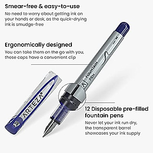 ARTEZA Disposable Fountain Pen Set of 12, 4 Basic Colors - Quick-Drying Ink for Smooth Writing, Calligraphy, Journaling, Sketching, and Doodling