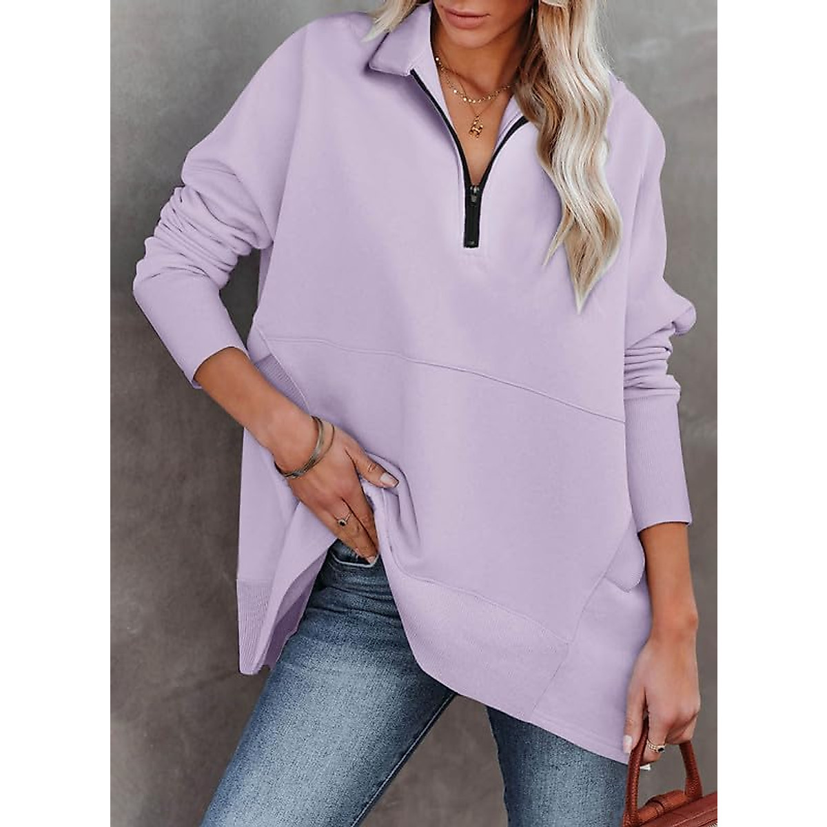 Oversized Half Zip Women's Sweatshirt Pullover Jacket by Dokotoo - Purple, X-Large