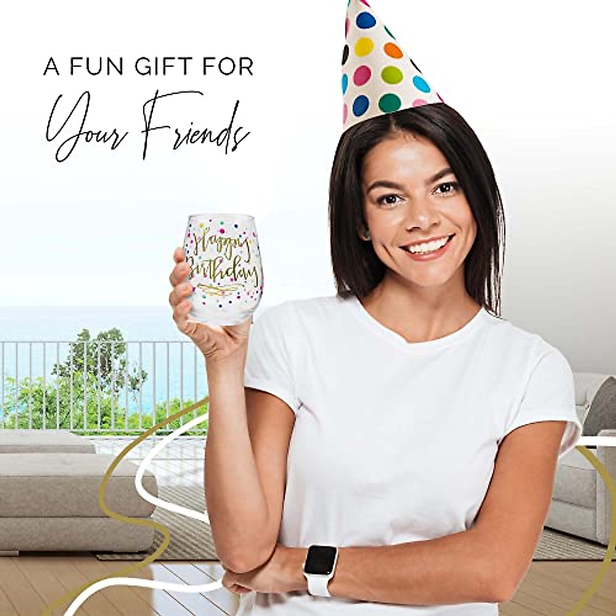 Your Dream Party Shop Happy Birthday 22oz Stemless Wine Glass, Happy Birthday Wine Glass with Gold Print, Perfect Birthday Glass, Happy Birthday Wine Glasses For Women, Birthday Cup