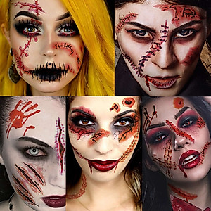 Shegazzi 228+ PCS 28 Sheets 3D Fake Scars Zombie Tattoo Temporary Halloween Makeup Kit For Kids Women Men Adults Fake Wound Cut Stitches Tattoo Chucky Makeup Kit Blood Scratches Scar Tatoos Decals