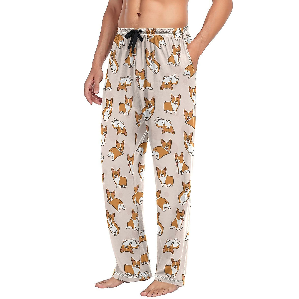 Ollabaky Dogs Pajama Pants for Men Cute Corgis PJs Bottoms with Pockets Men's Sleep Lounge Pants, L