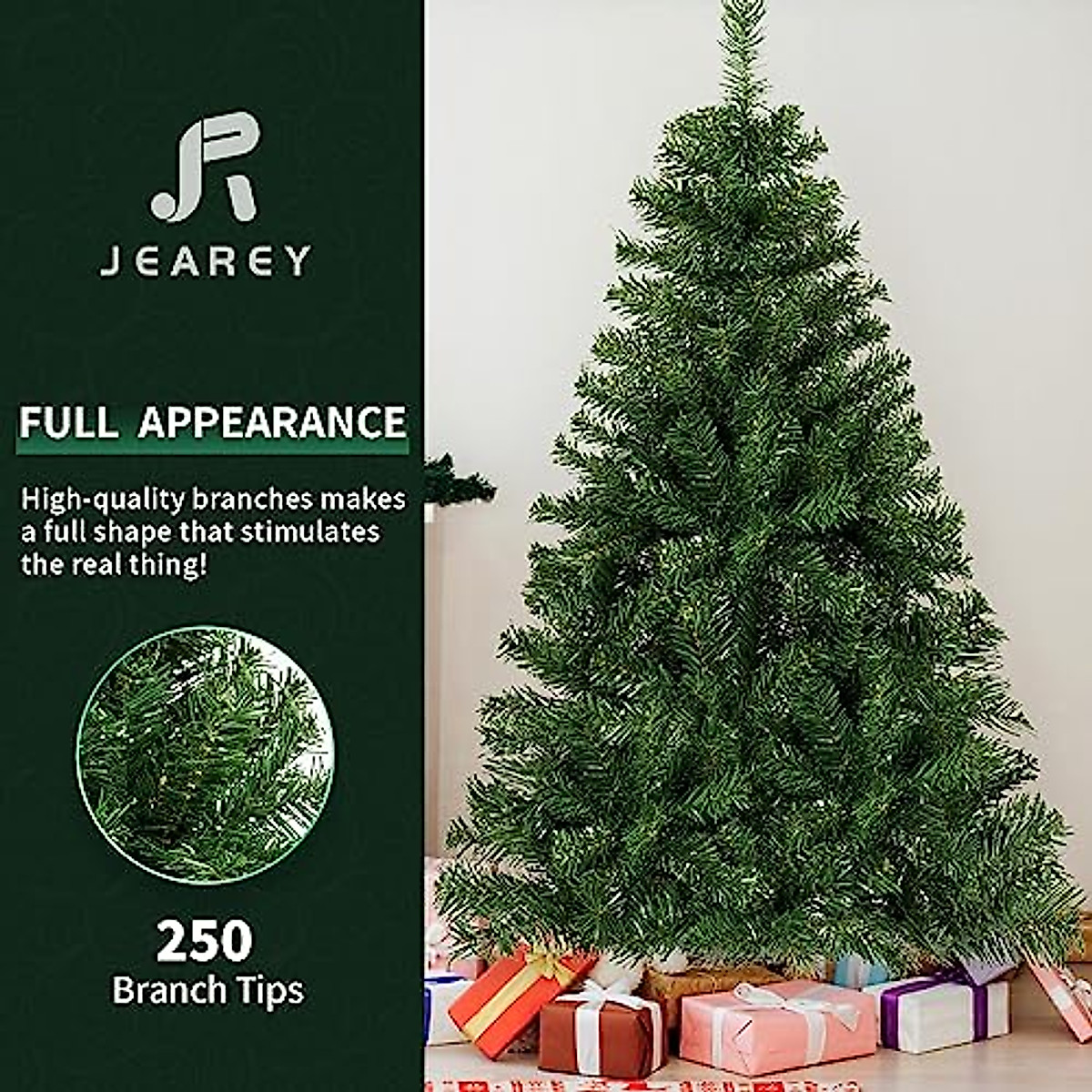 JEAREY Artificial Holiday Christmas Tree 4ft, Unlit Premium Hinged Spruce Holiday Xmas Tree, 250 Branch Tips & Metal Foldable Stand for Home, Office, Party Decoration, Green