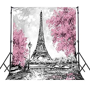 Riyidecor Eiffel Tower Backdrop Fabric Polyester Gray Paris Photography Background Pink Black and White Scenic 5Wx7H Feet Decoration Celebration Props Party Photo Shoot Backdrop Blush RY-PKKE