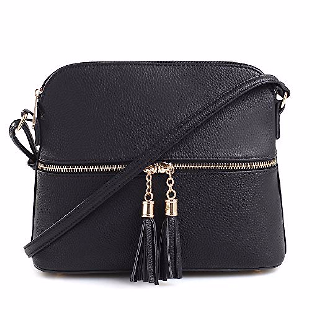 SG SUGU Lunar Lightweight Medium Dome Crossbody Bag Shoulder Bag with Double Tassels | Zipper Pocket | Adjustable Strap|Black