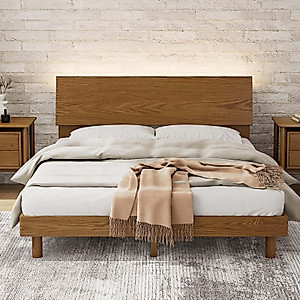 DUNTRKDU Queen Size Bed Frame, Mid Century Platform Bed Frame with LED Lights & USB Port, Queen Size Bed Frame with Bookshelf, No Box Spring Needed/Easy Assembly for Bedroom, Walnut