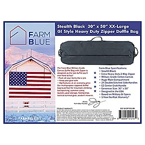 Farm Blue GI Style BLK Zipper Duffel Bag - 30"x 50" XX Large Heavy Duty Army Duffel Bags - Military Grade 18 OZ Canvas- Reinforced Camping Gear-Army Strong Zippers & 3 Grab Handles (Black, XX-Large)