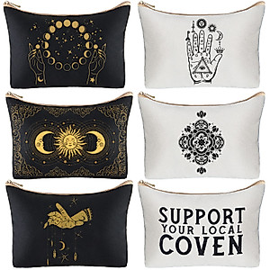 Saintrygo 6 Pcs Witchy Gifts Halloween Tarot Makeup Bag Witch Stuff Tarot Cards Phase Bag Crystals Toiletry Witch Bag Aesthetic Moon Canvas Cosmetic Makeup Bag for Witchcraft Lover Women Witch Coven