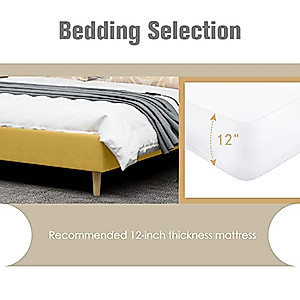 AGARTT Upholstered Platform Bed Frame Queen Size with Headboard and Footboard/Wooden Slats Support/No Box Spring Needed/Easy Assembly,Yellow Velvet
