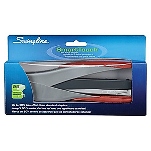 Swingline Stapler, SmartTouch Desktop Stapler, Reduced Effort, 25 Sheets, Full Strip, Silver/Red (S7066526)