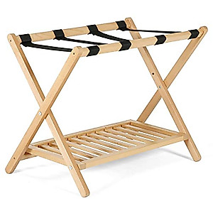 M&T Displays Beech Wood Folding Luggage Rack Travel Suitcase with Woolen Strips and Shelf for Home Hotel Gym Spa Guest Room 200 lbs Carriage Capacity Natural Wood 18x30 Inches