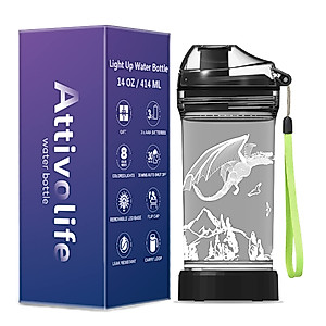 Attivolife Dragon Watter Bottle, 3D Illusion Glowing LED Light with 7 Color Changing Lights - 14 0z BPA Free - Creative Ideal Travel Cup Dinosaur Gift for School Boy Kid Child Holiday Camping Picnic