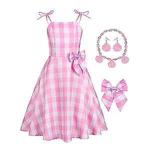 Miulruma Kids Movie Heroine Costume Cosplay Girls Pink Dress Halloween Costumes Party Outfit with Necklace Earrings Hairpin MA055S