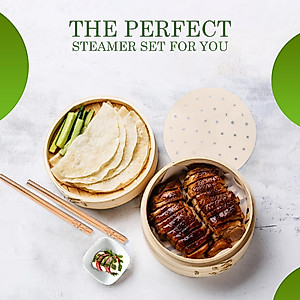 Bamboo Steamer Basket 10 Inch, Steamer for Cooking Rice, Vegetables, Meat, Fish and Chinese Asian Cuisine | 2 -Tier Dumpling Steamer, Dim Sum & Bao Bun Steamer with Chopsticks, 50 liners & Sauce Dish