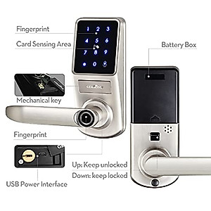 GEKRONE Fingerprint Smart Lock, Keyless Entry Door Lock with Bluetooth, Touchscreen Keypad Deadbolt Lock with App Control, Easy to Install for Home Hotel Apartment A290(Left Handle Silver)