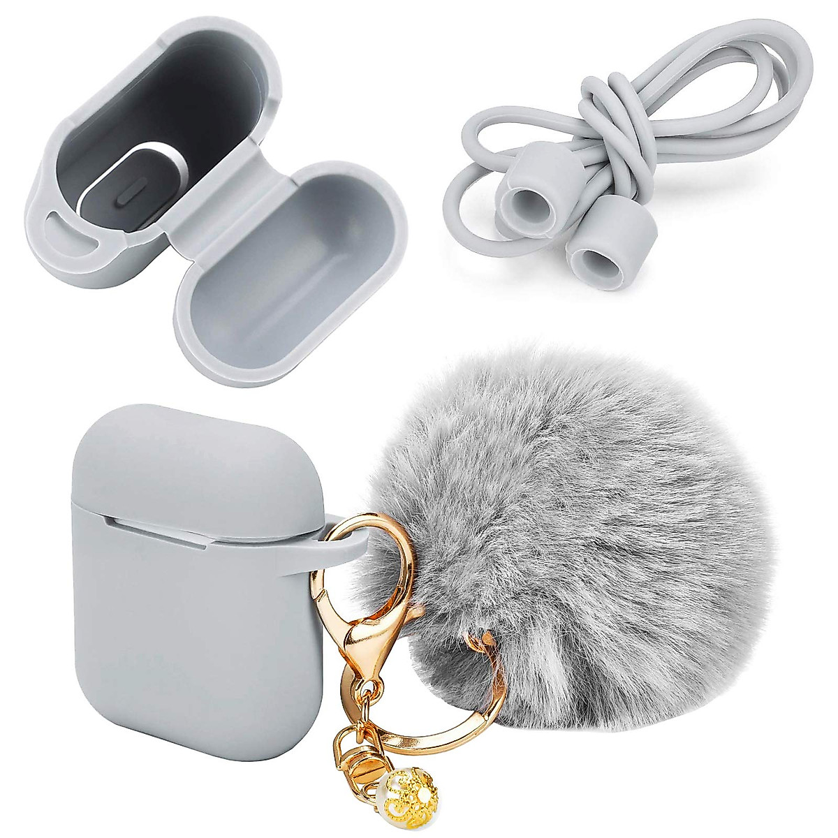 Earphone Silicone Case Cover Skin with Fur Ball Key Chain and Locking Carabiner Compatible with AirPods Charing Case - Hang Case Cover with Anti-Lost Strap as Headphone Accessories (Gray)