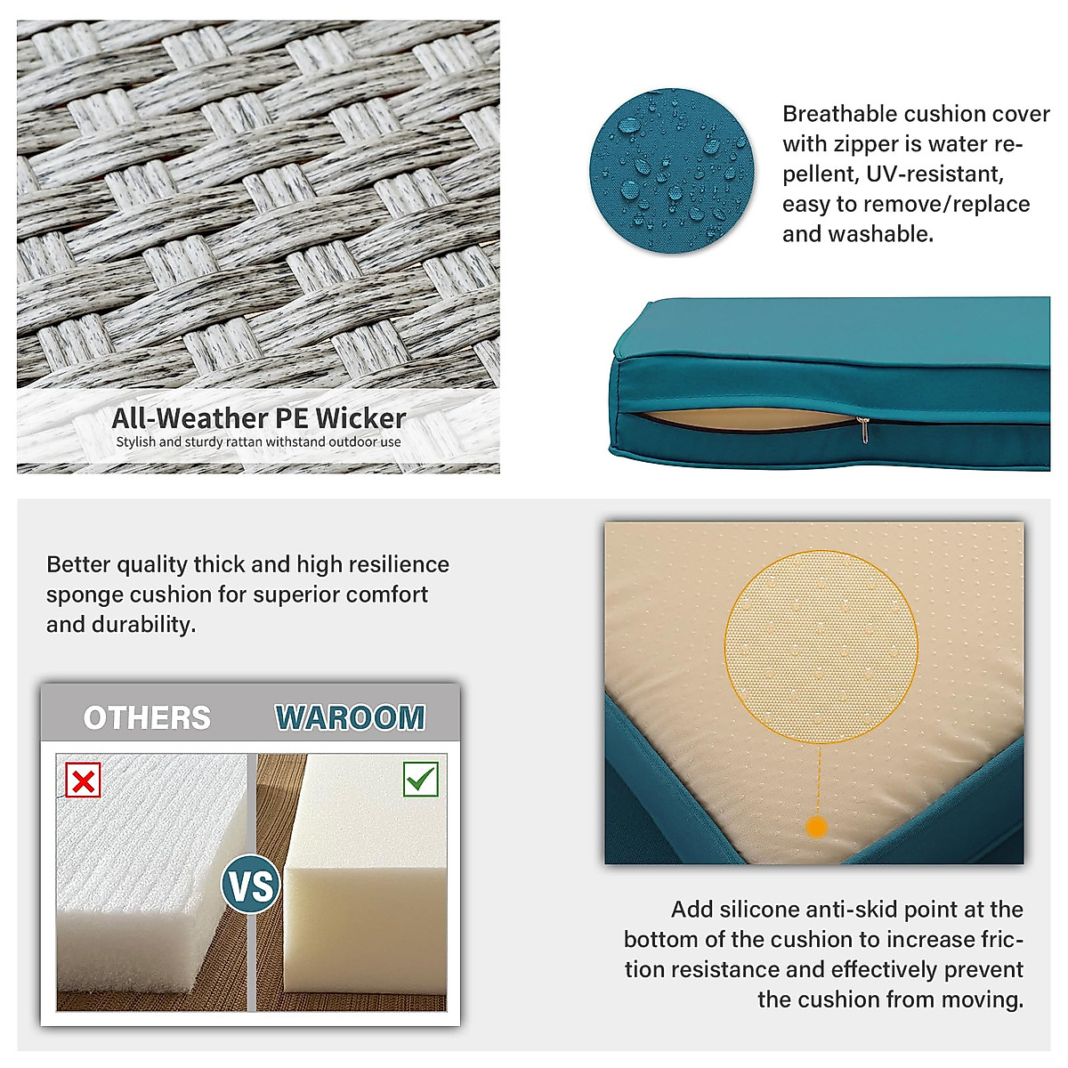 WAROOM Patio Furniture Set 6 Piece Outdoor Patio Set Grey Wicker Balcony Furniture Conversation Sets PE Rattan Couch Sofa with Fire Pit Table, Peacock Blue Cushion