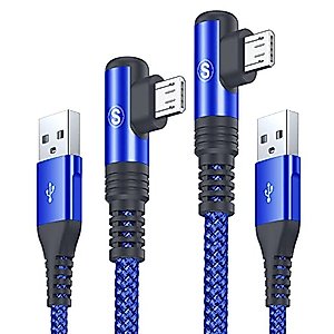 sweguard Micro USB Cable Right Angle [2-Pack, 6.6FT+6.6FT] Android Charger Cable, Nylon Braided Micro Charger Cord for Samsung Galaxy S7 Edge S6 S2 J7 J5 J3 J3V J2,LG K10 V10,Moto E6 5 4,PS4-Blue