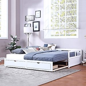 Wooden Daybed Extendable Bed, Twin to King Daybed Frame with Trundle Bed and 2 Storage Drawers, Sofa Bed for Bedroom Living Room (White)