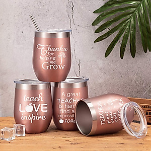 Boao 4 Pieces Teacher Gifts Wine Tumbler Set Teacher Appreciation Gifts, Funny Thank You Birthday Graduation Christmas Gifts for Teachers Professors, 12oz Coffee Mug with Lid Straw (Rose Gold)