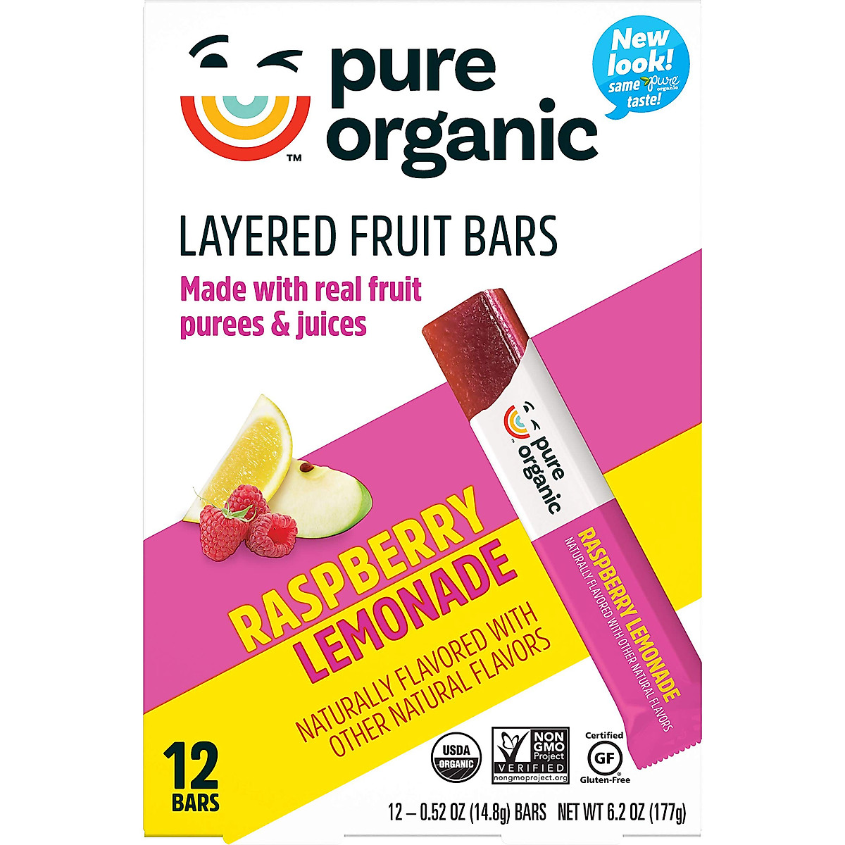 Pure Organic Layered Fruit Bars, Gluten Free and Vegan, Kids Fruit Snacks, Raspberry Lemonade, 6.2oz Box (12 Bars)