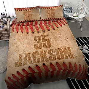 OhaPrints Custom Baseball Texture Vintage Brown Player Gift Personalized Name Number Duvet Cover & Pillowcase, Lightweight Duvet Protector Comforter Cover, Twin Full Queen King Size Bedding Bed Set