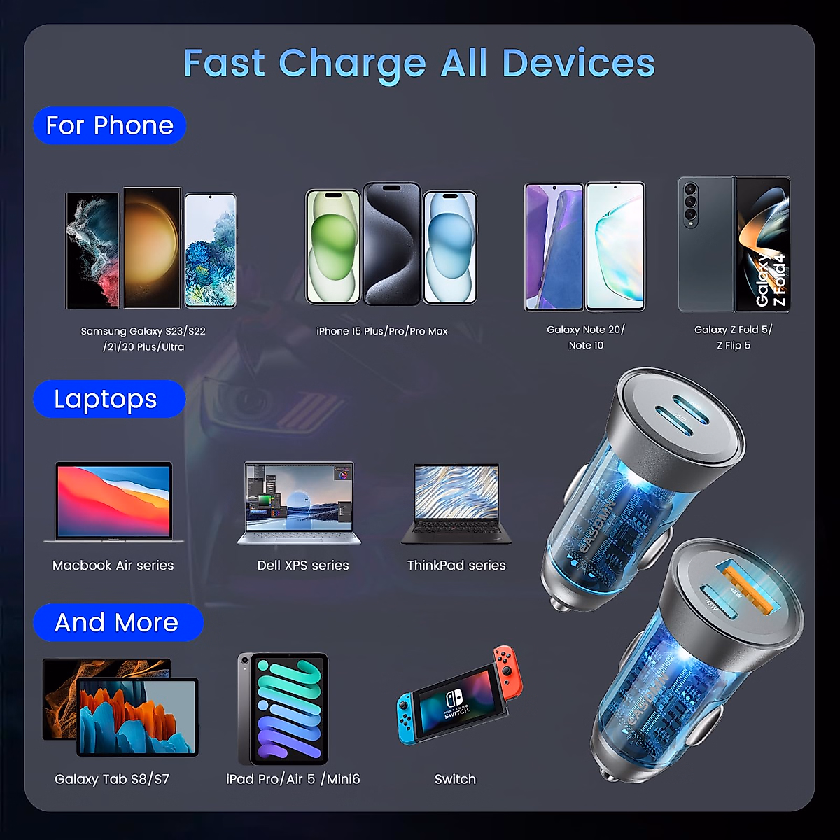 2-Pack 90W USB C Super Fast Car Charger, Dual-Port [PD/PPS 45W & QC 45W] Car Cigarette Lighter USB Charger Adaper for Samsung Galaxy S24 Ultra/S24+/S23 Ultra/S22+/S20,Note 20/10+,Tab S9/S8, iPhone 15…