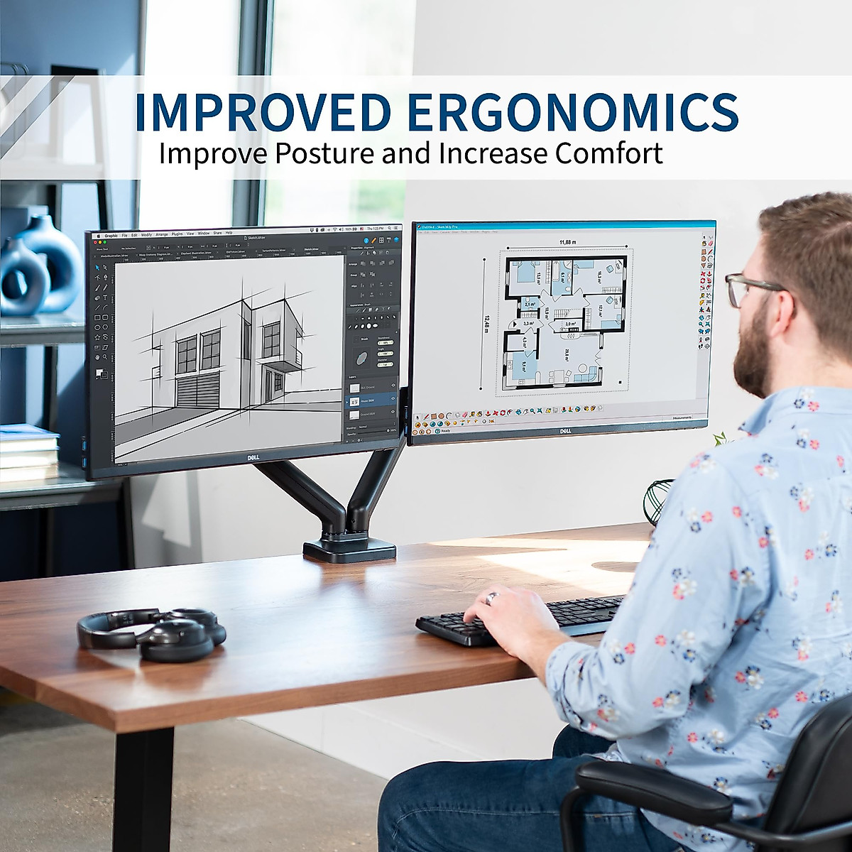 VIVO Dual Monitor up to 32 inches and 19.8 lbs per Screen, Pneumatic Arm Desk Mount, Articulating Counterbalance, VESA Stand, Classic, STAND-V002O