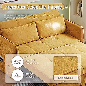Antetek 3 in 1 Convertible Sleeper Sofa Bed, Modern Chenille Loveseat Futon Sofa Couch w/Pullout Bed, Reclining Backrest, Adjustable Arm, Pillows, Small Love Seat Lounge Sofa for Living Room, Yellow