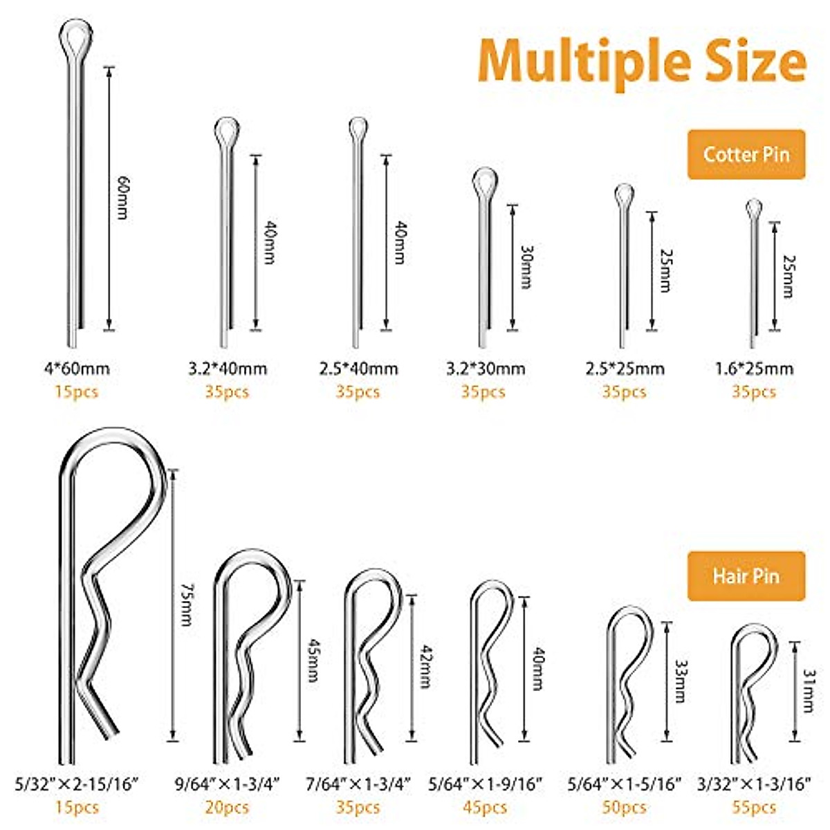 VIGRUE 500PCS Cotter Pin Assortment Kit Hitch Pin Zinc Plated R Clip Assortment Kit Fastener for Use on Hitch Pin Lock System