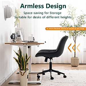 YOUNUOKE Armless Desk Chair Comfy Home Office Computer Chair with Wheels Rolling Swivel Chairs Small Modern Upholstered Vanity Executive Task Chair, Black