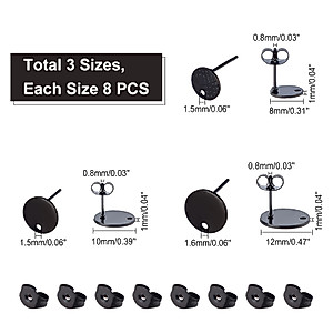 UNICRAFTALE 24pcs 3 Sizes Stainless Steel Stud Earring Flat Round Earrings Posts Black Ear Stud with Loop and Ear Nuts Metal Earrings Stud for Earring Jewelry Making
