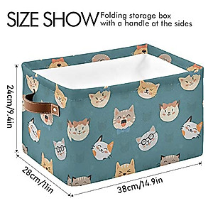 MNSRUU Storage Basket Cat Heads Collapsible Organizer Basket with PU Handles, Waterproof Nursery Basket Storage Bin for Shelves for Organizing Closet
