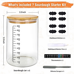 Wnxise Sourdough Starter Kit, 34OZ Reusable Sourdough Starter Jar, Home Sourdough Bread Baking Supplies with Date Marked Feeding Band, Thermometer, Silicone Scraper, Sticker, Marker Pen Bamboo Lid