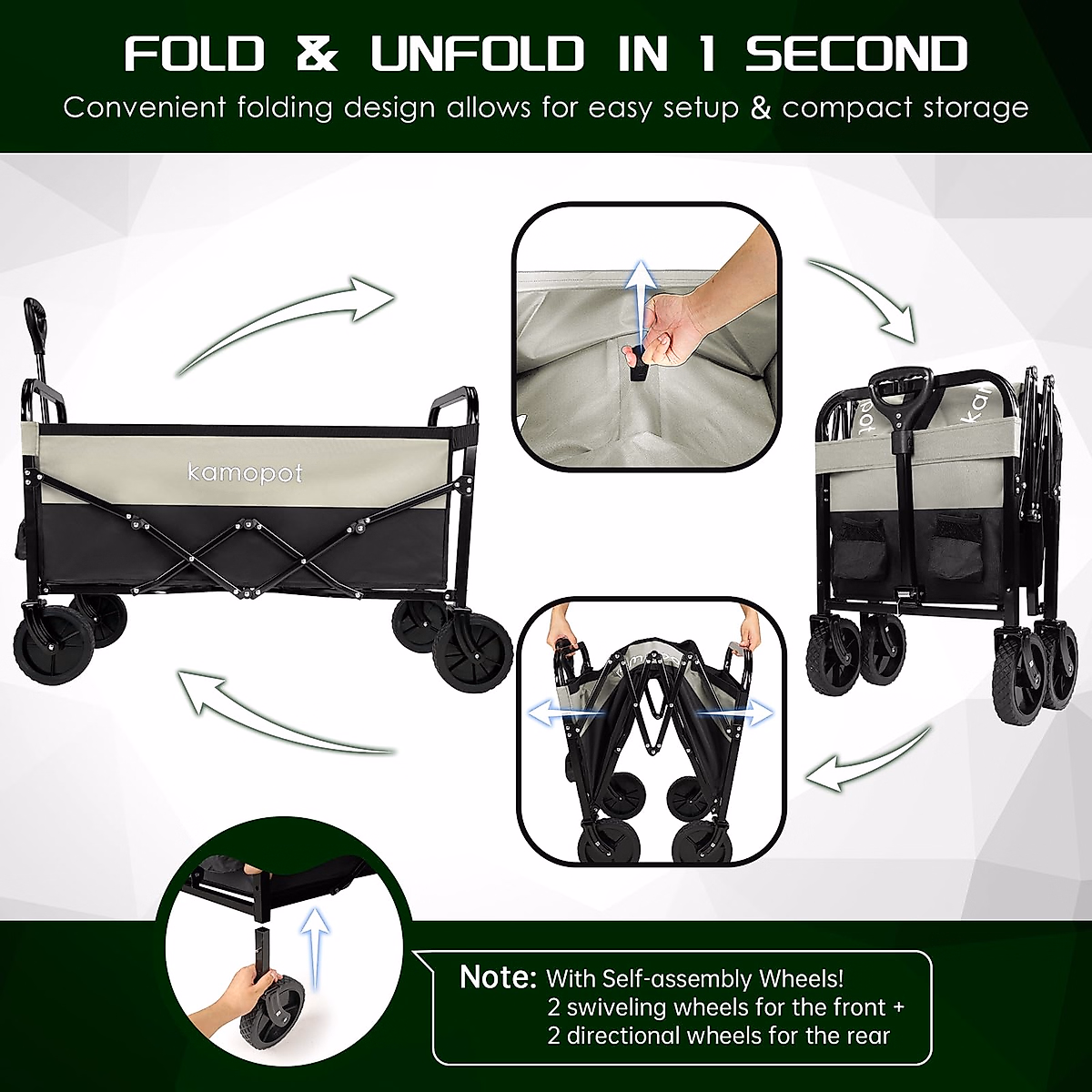 Kamopot Large Collapsible Wagon Foldable for Grocery, Beach, Park, Yard, 34 x 18 Inch Inner Storage. Folding Utility Shopping Cart on Wheels. Heavy Duty, Durable w/Cupholders (Black-Gray)