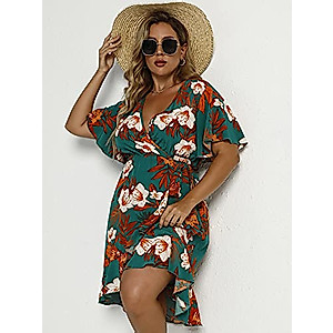 Floerns Women's Plus Size Striped Print Wrap V Neck Short Sleeve A Line Dress Green Multi 1XL