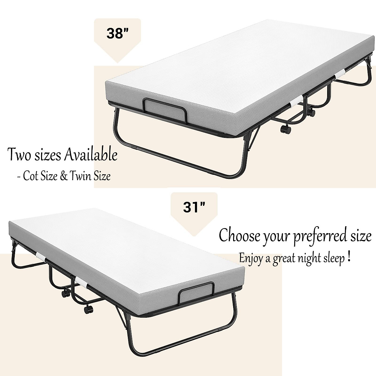 Homieasy Folding Bed with Mattress - 38 Inch Twin Size Rollaway Bed for Adults, Portable Foldable Bed with Storage Cover, Extra Guest Bed on Wheels (75” x 38”)