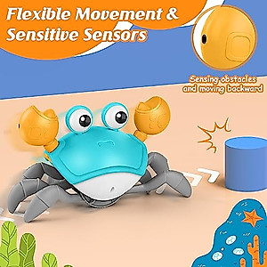 KIZJORYA Crawling Crab Baby Toy, Tummy Time Gifts for Toddler & Newborn, Light-Up Walking Dancing Moving Crab with Music & Obstacle Avoidance, Infant Rechargeable Sensory Development Toy(Green)