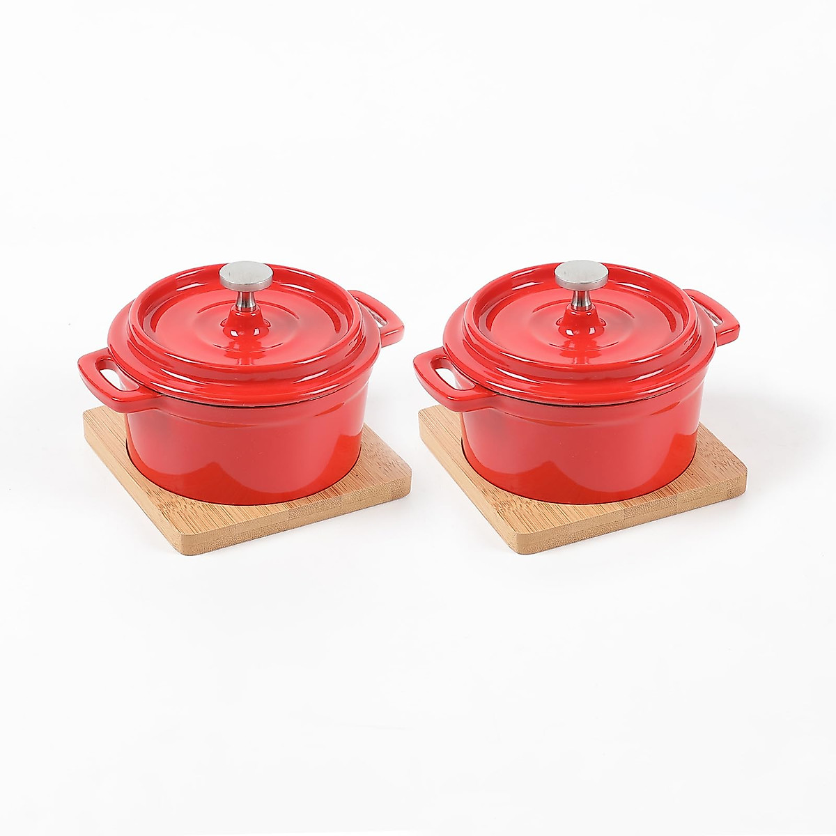 HAWOK Enameled Cast Iron Mini Round Cocotte Set, 0.3QT Mini Dutch Ovens with Lids and Bamboo Trays, 270ml/9.13oz/1.08cups, Set of 2, Red