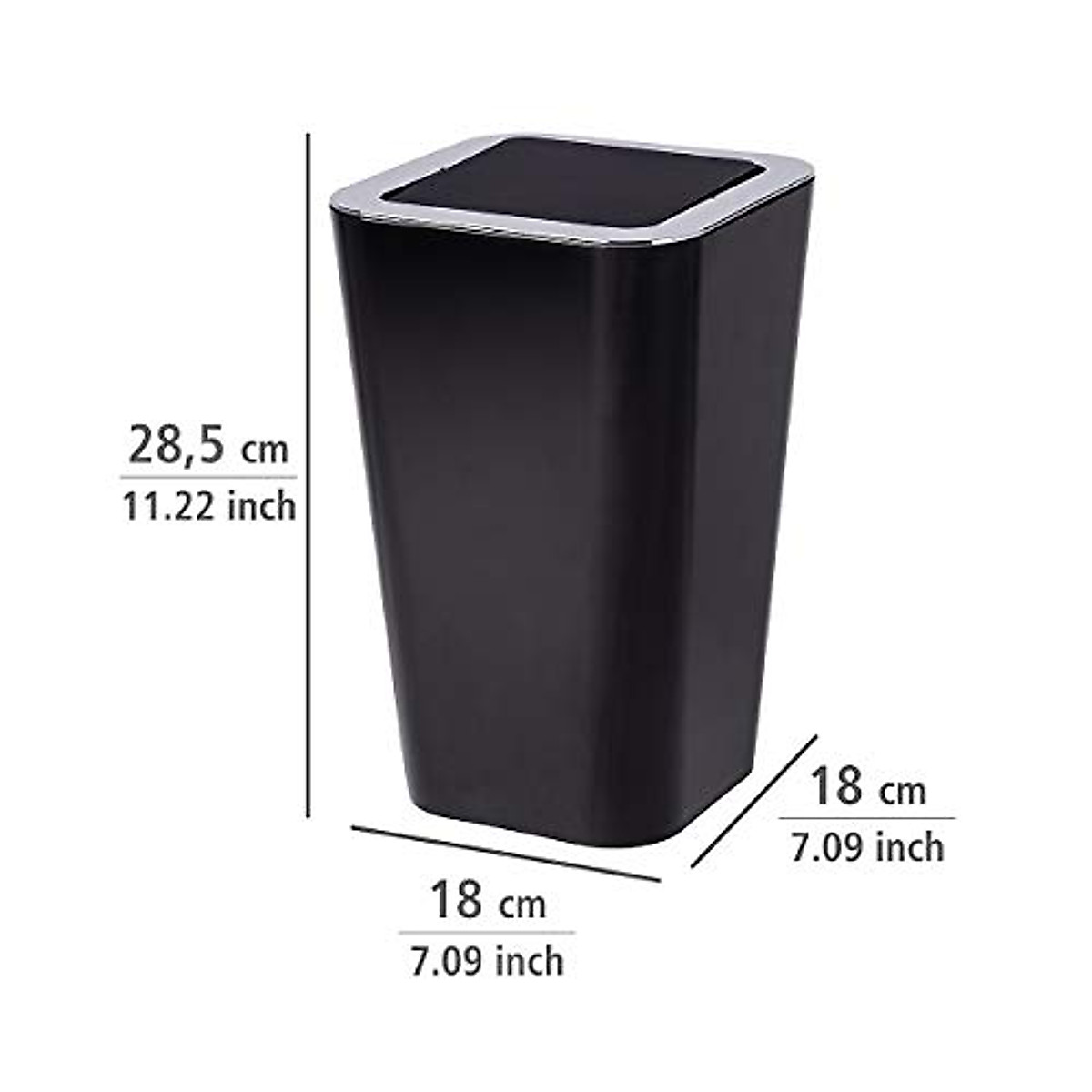 WENKO 22474100 Small Trash Can with Swing Top Lid, Mini Waste Basket, Stylish Garbage Bin for Bathroom, Bedroom, Kitchen, 1.6 Gallon, 7.1 x 11.2 x 7.1 in, Black, 6 L