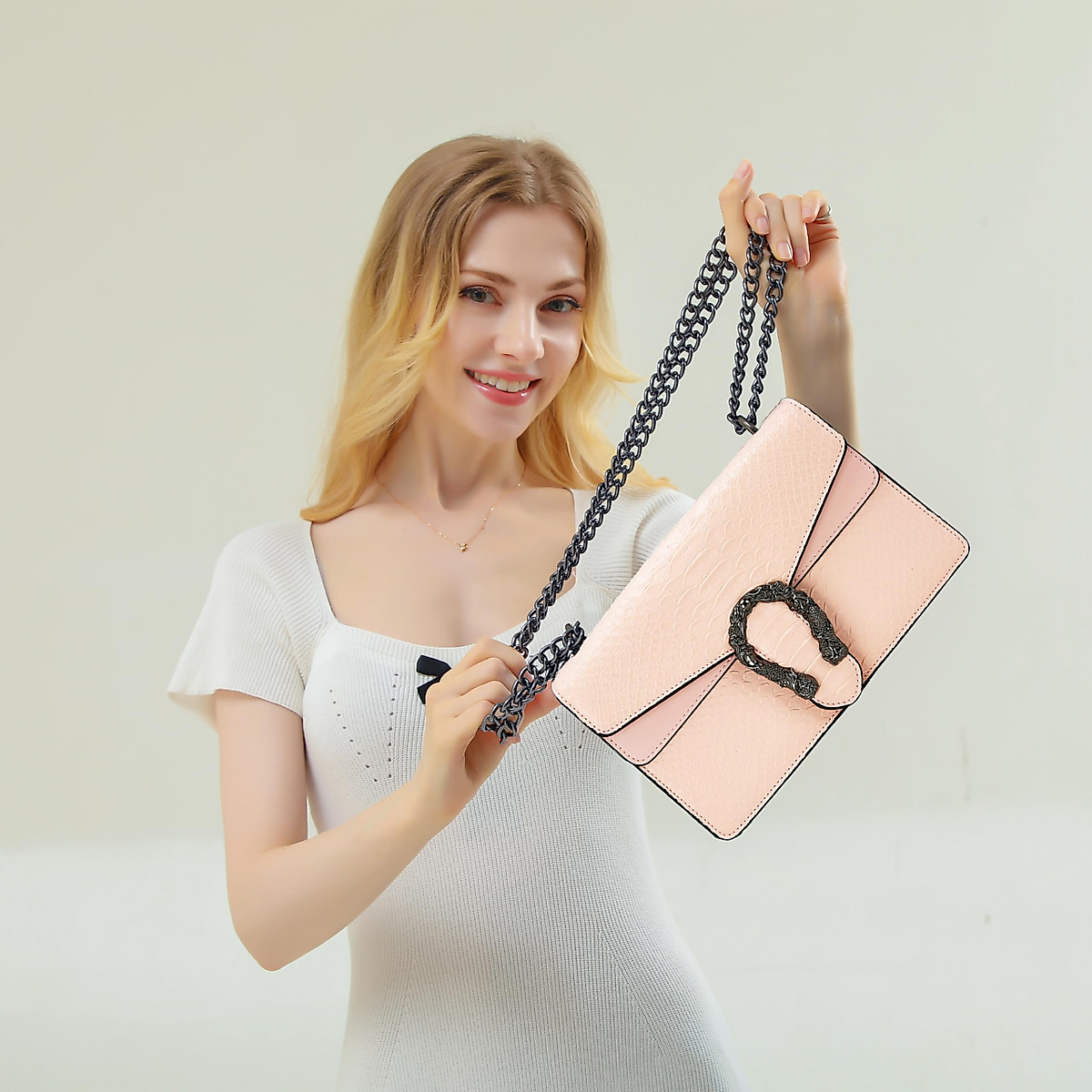 DEEPMEOW Crossbody Shoulder Evening Bag for Women - Snake Printed Leather Messenger Bag Chain Strap Clutch Small Square Satchel Purse（Pink）