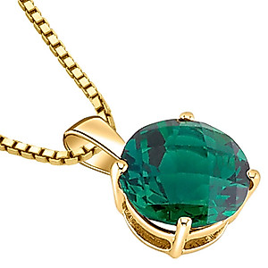 PEORA Solid 14K Yellow Gold Created Emerald Pendant for Women, Classic Solitaire, 1.75 Carat Round Shape, 8mm