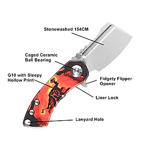 KANSEPT Mini Korvid Pocket Knife, Folding Knife for EDC with 1.45''154CM Cleaver Blade and G10 Handle with Sleepy Hollow Print, Mini Cleaver Flipper for Everyday Carry T3030S2