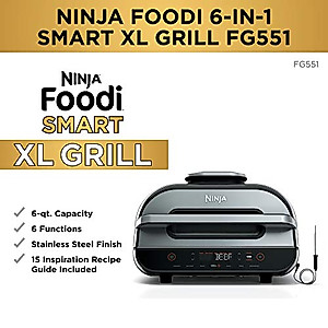 Ninja FG551 Foodi Smart XL 6-in-1 Indoor Grill with Air Fry, Roast, Bake, Broil & Dehydrate, Smart Thermometer, Black/Silver