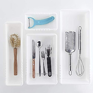 Mebbay 6 Pack Expandable Drawer Organizer Makeup Drawer Organizer Storage Bins Tray for Bathroom Vanity Table Office Kitchen with 25 pcs Non-Slip Pads White